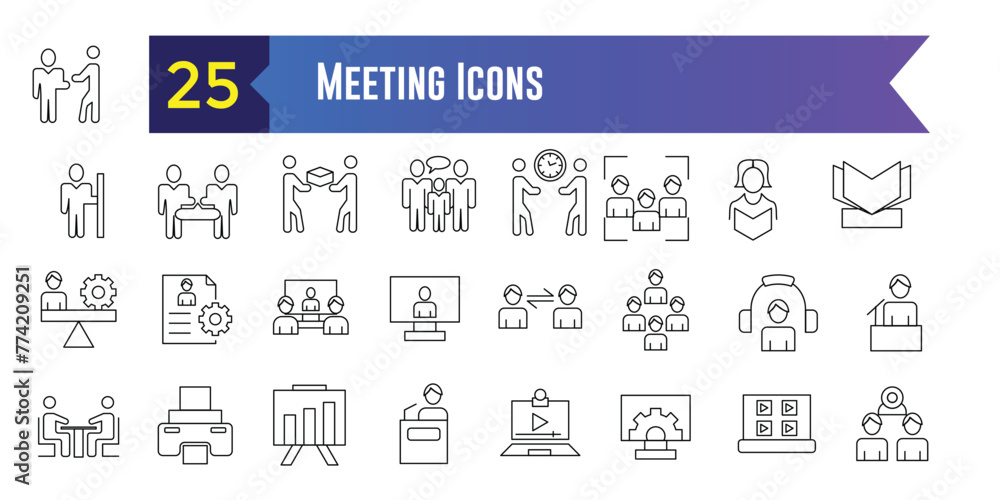 Meeting icons set. Outline set of online meeting vector icons for ui ...