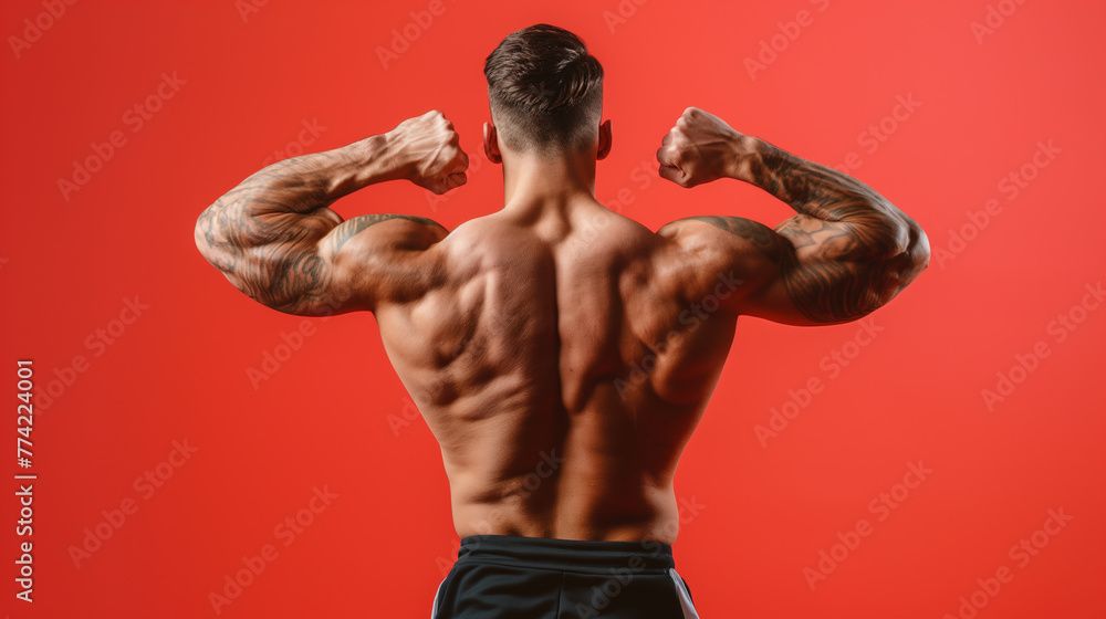 Back view of strong bodybuilder flexing biceps and arm muscles ...