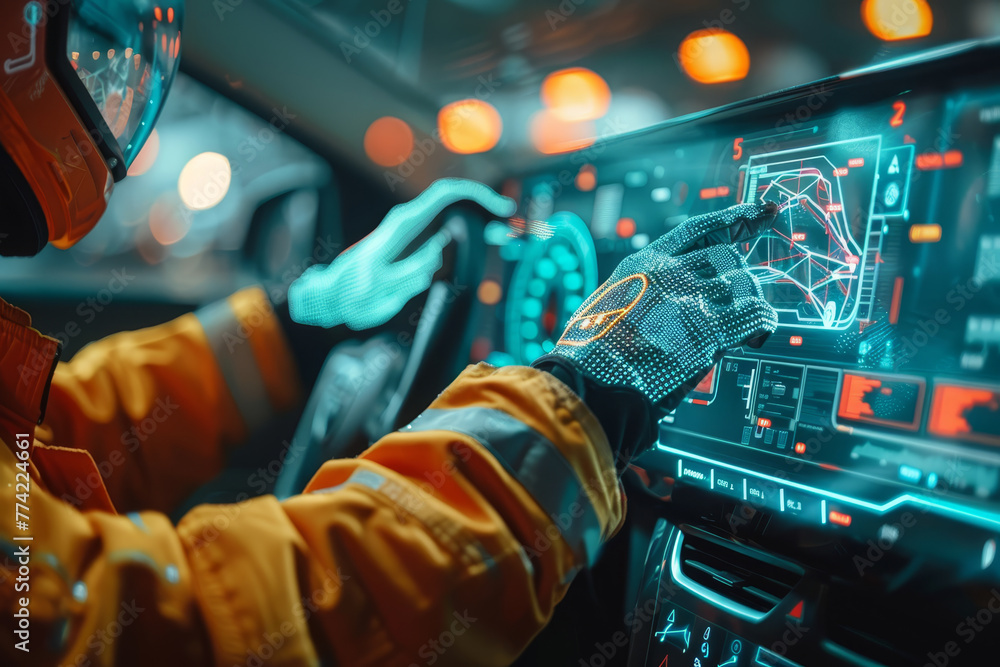 An astronaut in a space suit operates an advanced control panel with ...