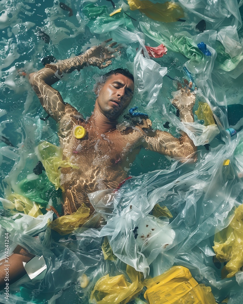 Body of an inert, dead man floating in the sea hooked to a multitude of ...
