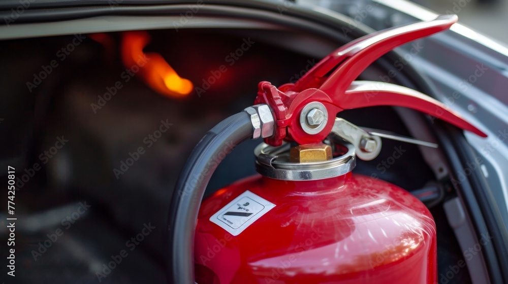 Red fire extinguisher placed in the trunk of a car, with clear labels ...