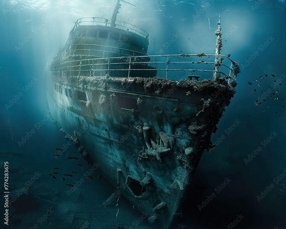 Underwater perspective of a sunken cargo ship, mysterious and haunting, with marine life ...