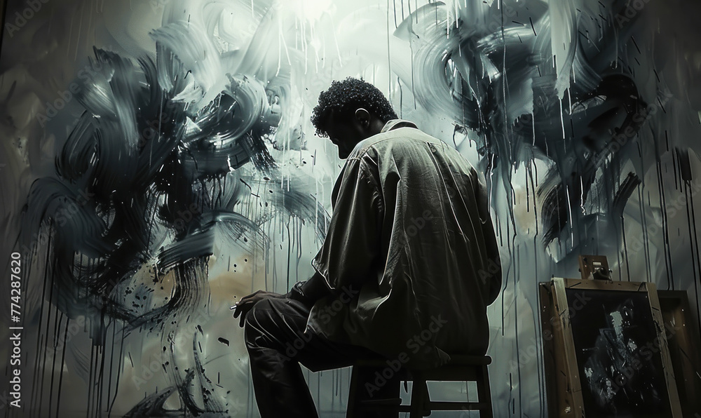 Contemplative Artist in a Dim Studio Amidst Disarray Reflecting on ...