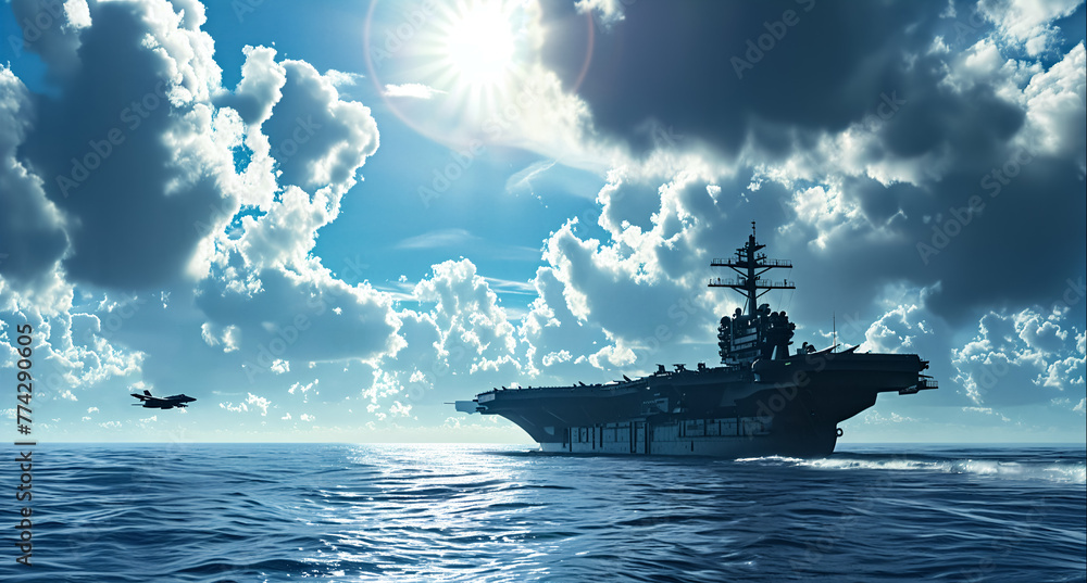 Aircraft carrier crossing the ocean. Military navy ship carrier with ...