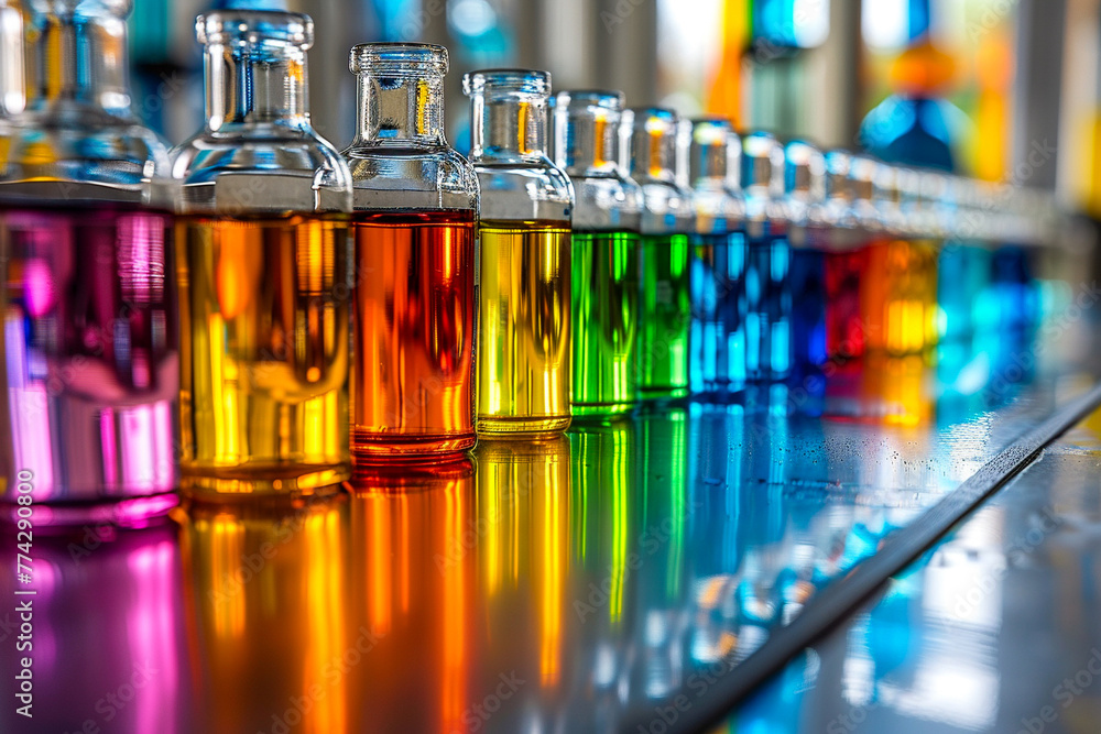 A bright, animated distillation process, colors separating as they ...