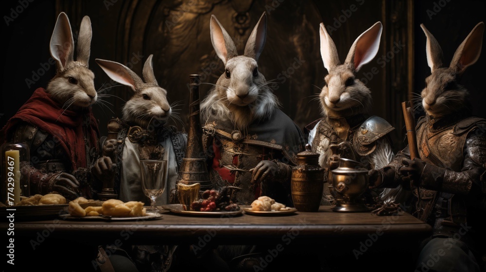 Group of rabbit knights in medieval anthropomorphic scene. Hearty feast ...