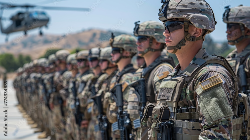 A group of soldiers stand in formation, with a helicopter flying ...