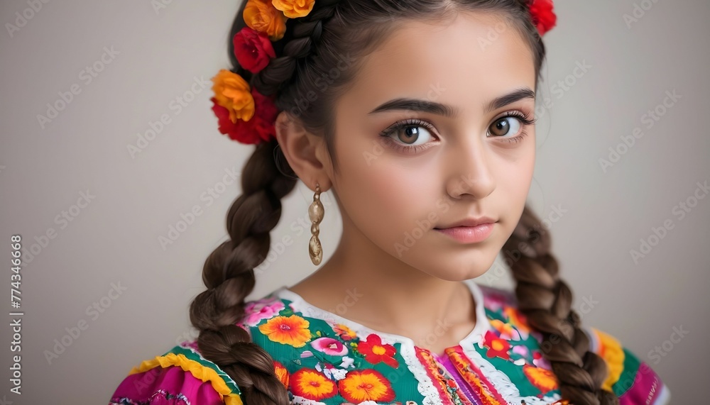 Beautiful eyes Portrait girl dressed up with a traditional Mexican ...