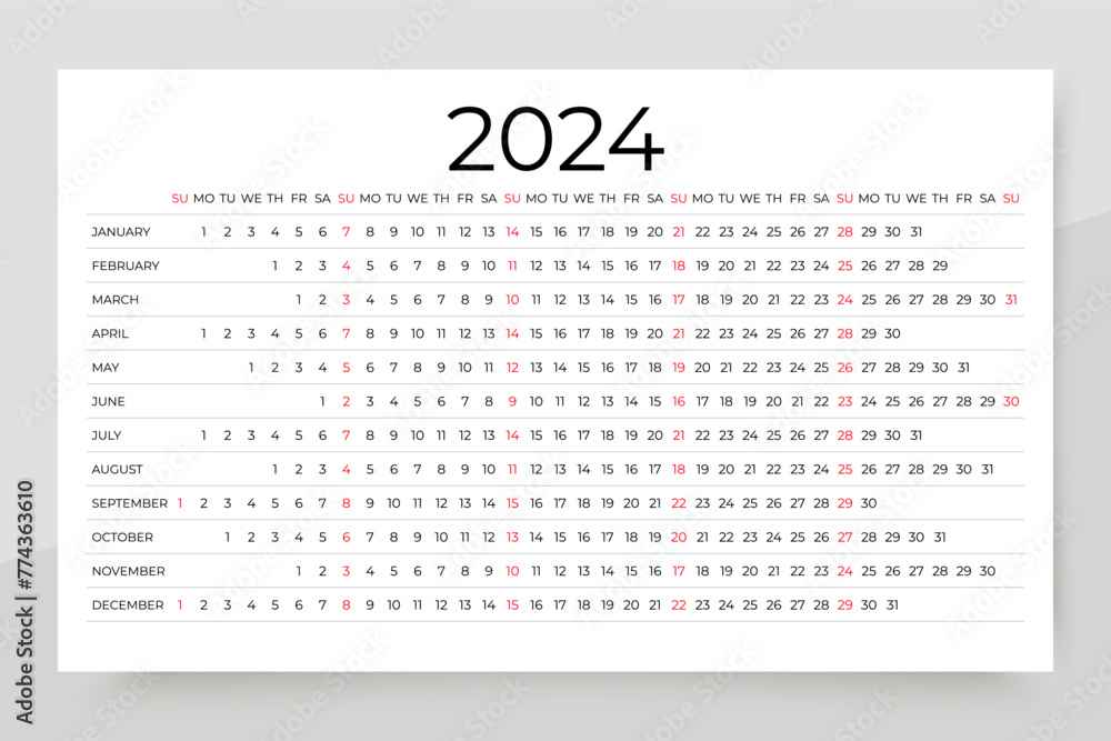 2024 calendar. Linear horizontal calender template. Week starts Sunday ...