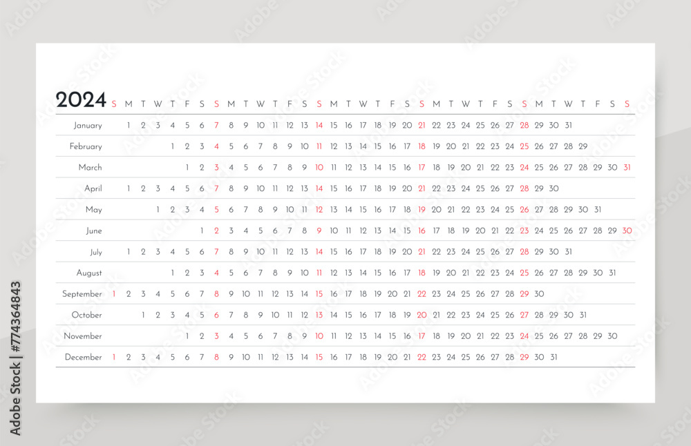 Linear 2024 calendar grid. Horizontal planner template. Yearly long ...