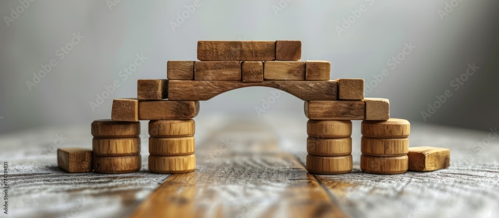 business concept with a toy bridge with wooden blocks and add the final ...