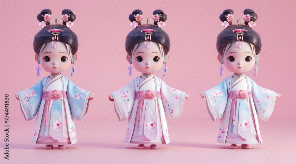 A cute girl in Hanfu, three views from the front and side angles ...