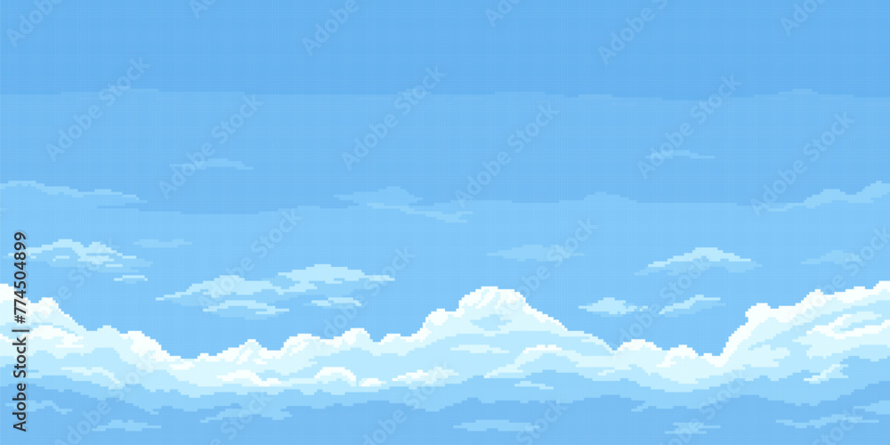 8bit pixel blue sky background with clouds, cloudy game landscape ...