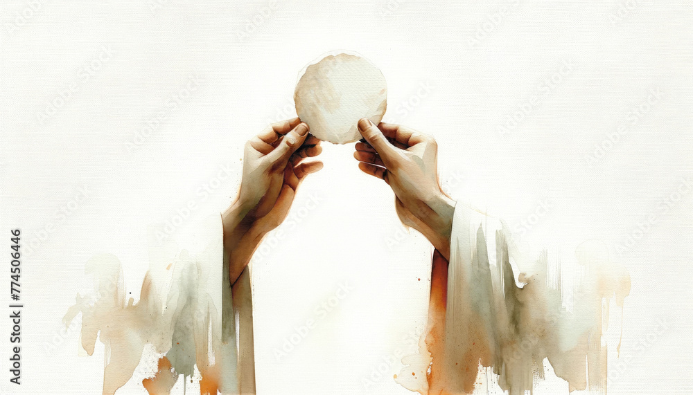 Eucharist. Corpus Christi. Hands holding the sacred host on white ...