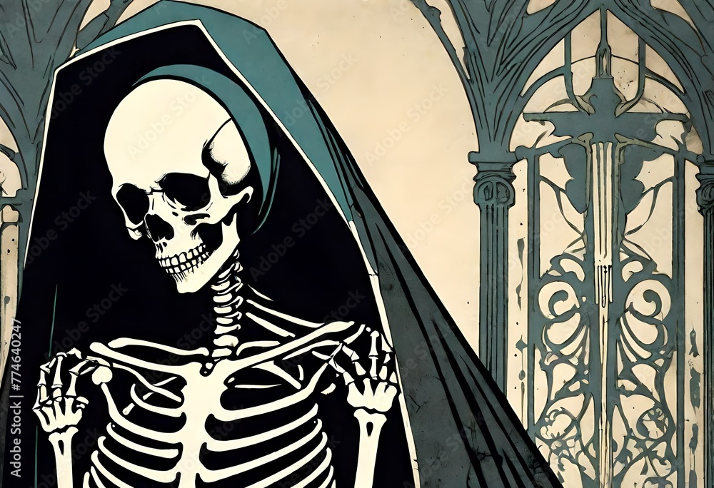 a neo classical illustration, art nouveau, a skeleton skull dressed ...