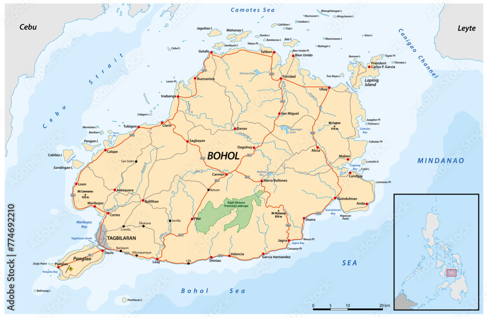Vector map of the Philippine island of Bohol, Visayan Islands Stock ...