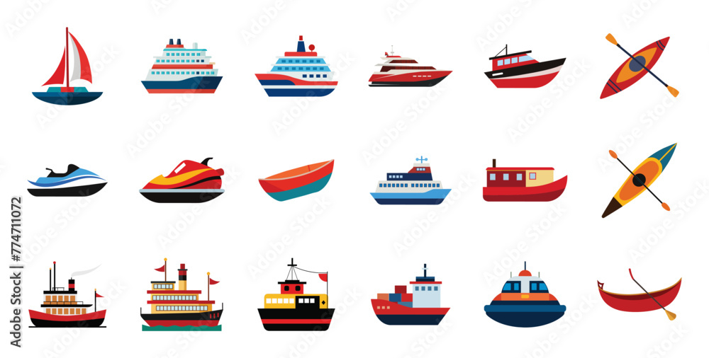 Water transport flat icons illustration in cartoon. Cute boat, luxury ...