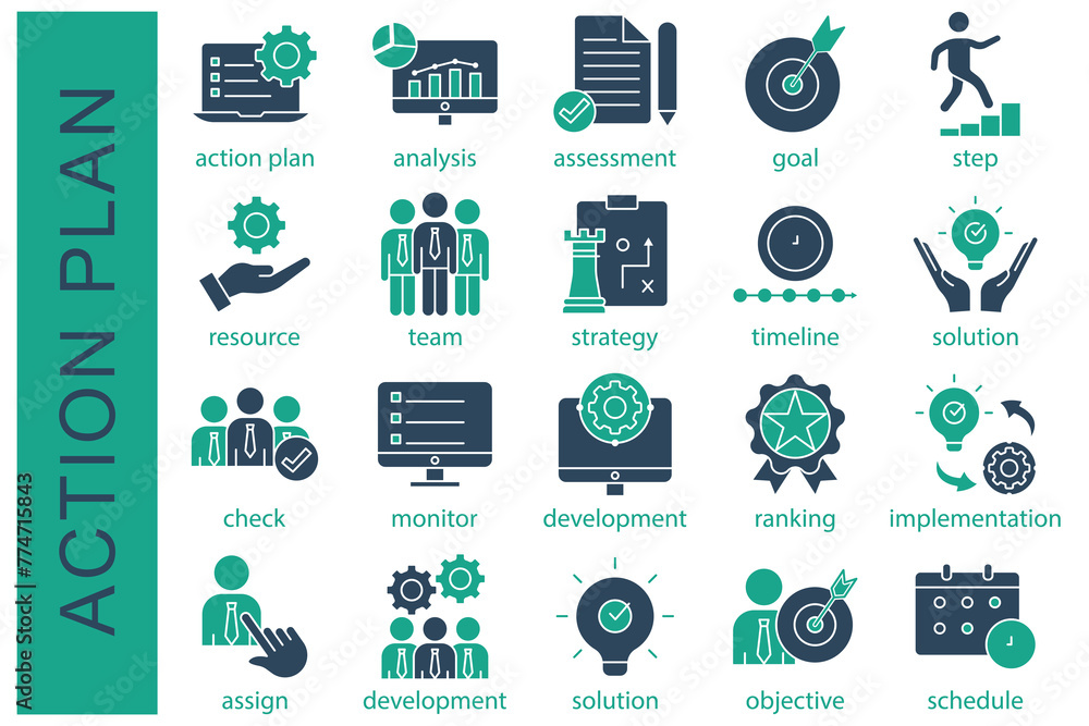 Action plan icon set. containing action plan, analysis, assessment ...