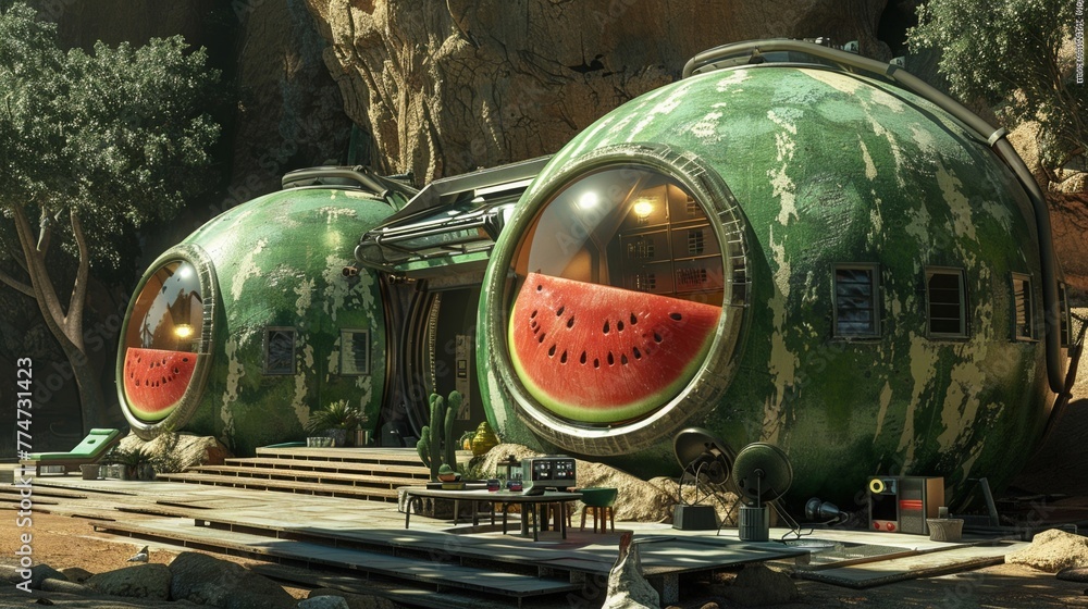 Watermelon shaped space habitat, zombie apocalypse scenario, hightech ...