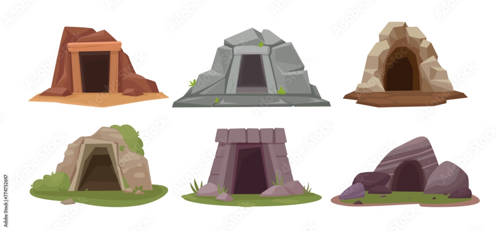 cave openings. cartoon minimlistic mine stone ground caves entrances ...