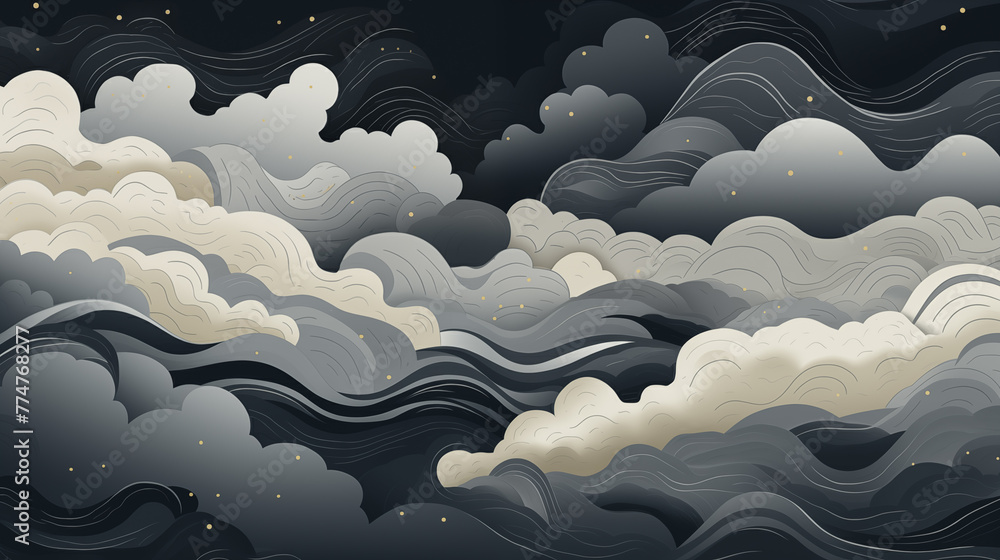 Monochromatic clouds gently sway starry sky 2D cartoon illustration ...