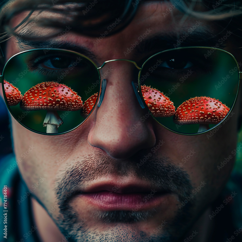 Drug addiction. Mushrooms in the reflection of glasses on a man’s face ...