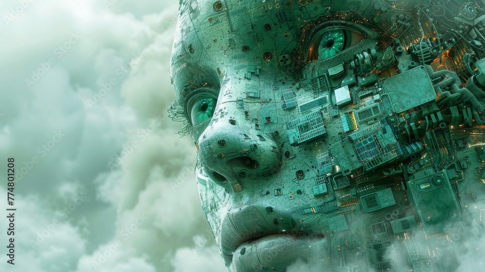 This artwork portrays a humanoid form seamlessly integrated with ...