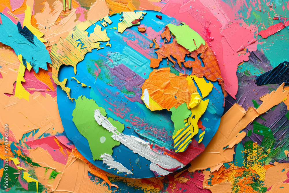 World, globe and collage art made of paper school project, humanity and ...