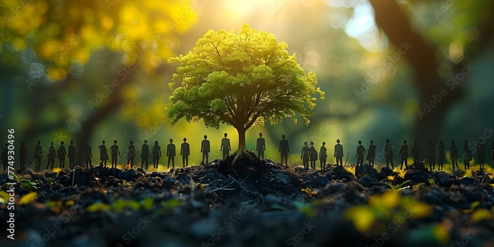 Employees plant a tree under a corporate logo symbolizing unity growth ...