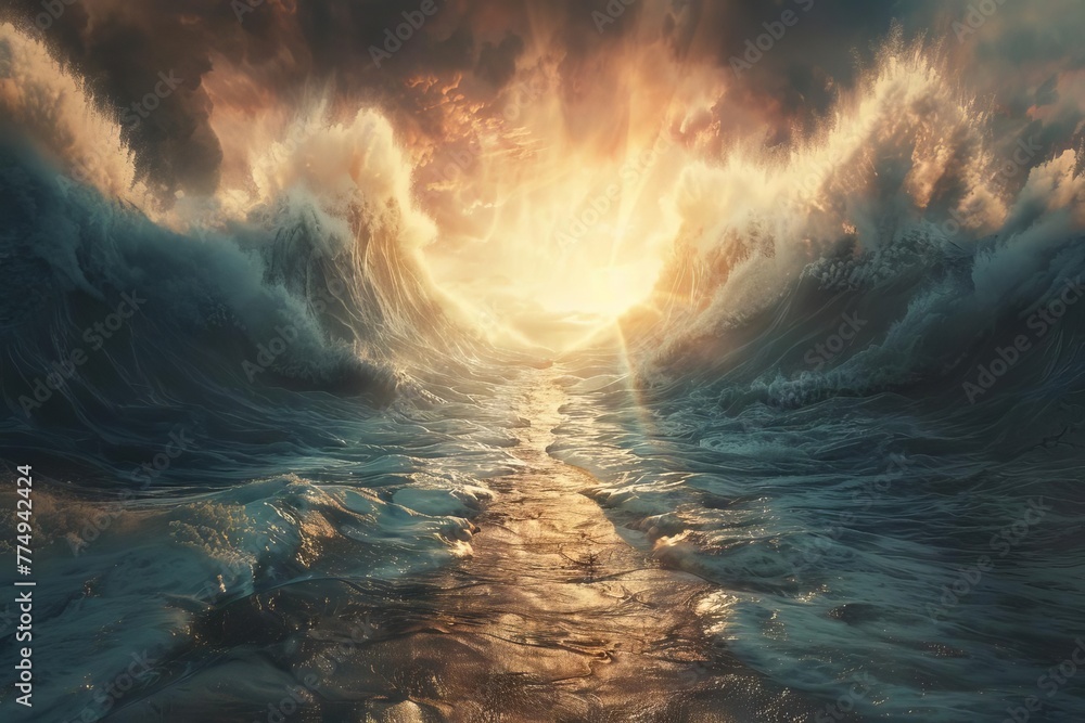 Biblical scene of Moses parting the Red Sea with dramatic ocean waves ...