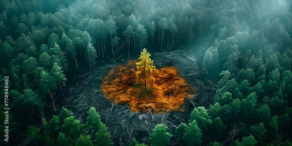 Aerial view showing deforestation and logging impact on the environment ...
