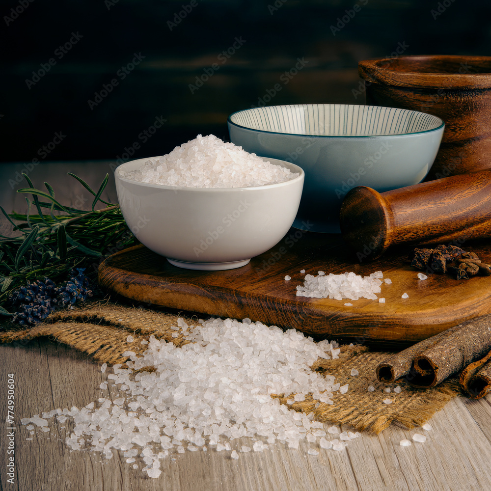 Dead Sea Salt on wooden table background. Herbs, spices and dried food ...