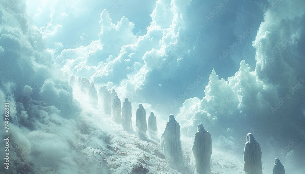 people walking to the light in heaven. Standing in a row waiting to go ...