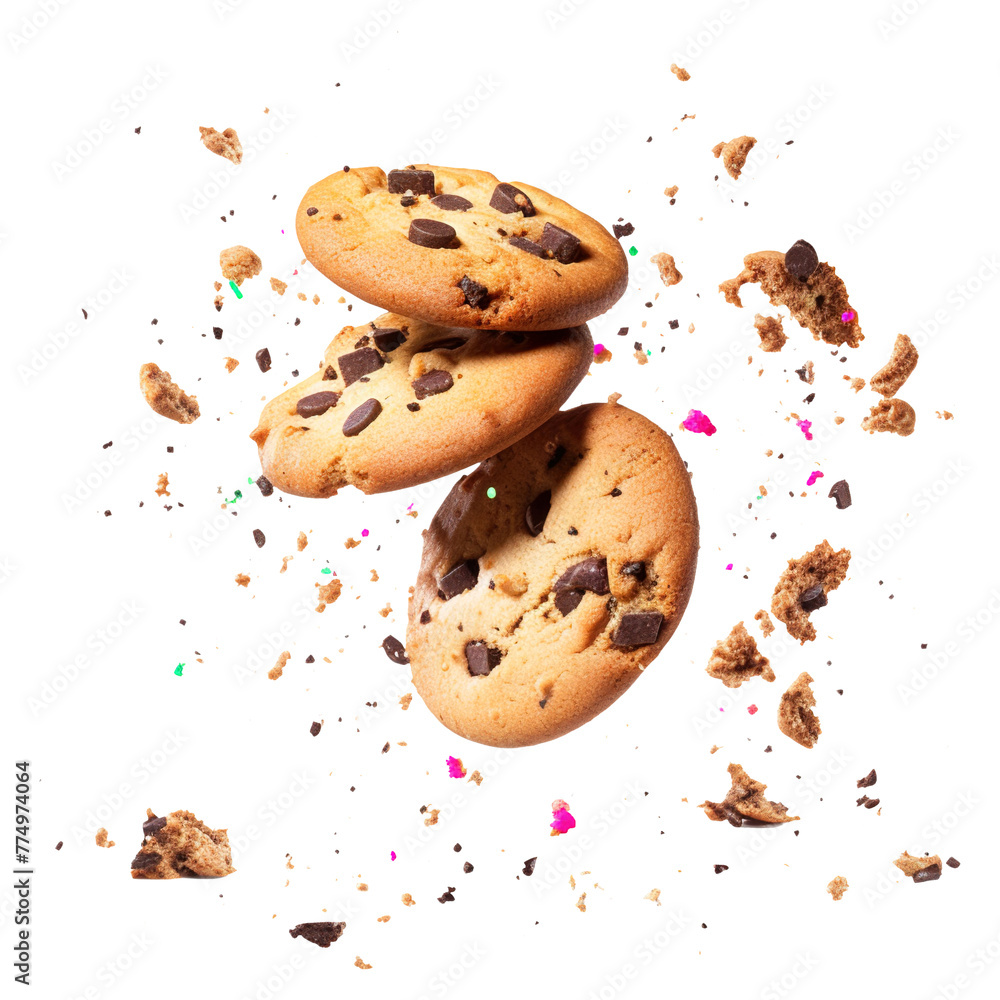 Flying pile cake crumbs chocolate chip cookies isolated on transparent background Remove png ...