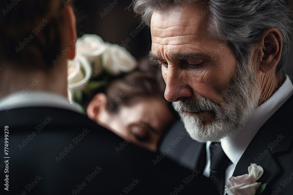 Relatives making Funeral ceremony Scene with coffin in church mourning ...
