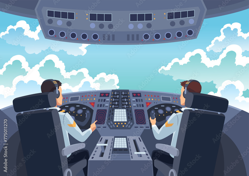 Airplane cockpit pilots. Back view of cabin crew flying airplane. Pilot ...