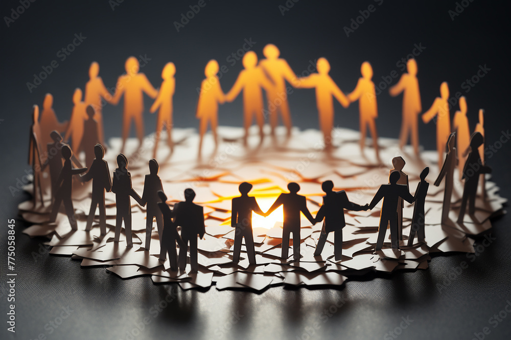 Paper cutout figures of people holding hands in a circle, symbolizing unity and community. Stock ...