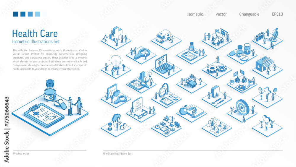 Healthcare Business Isometric illustrations set. Busy people teamwork ...