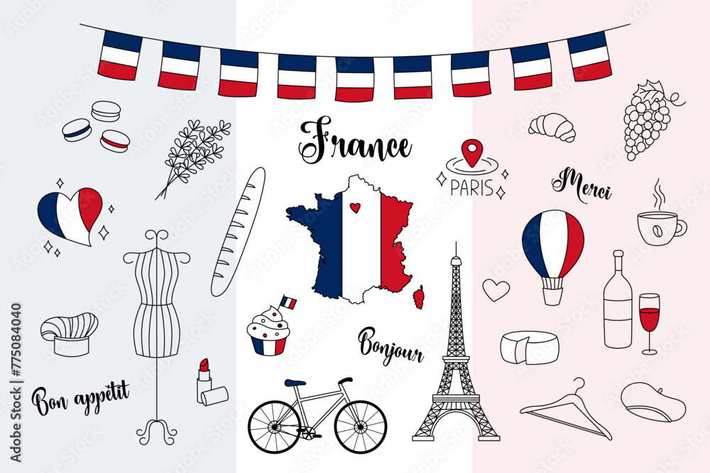 France doodles set vector. Illustration of cute hand drawn outline ...