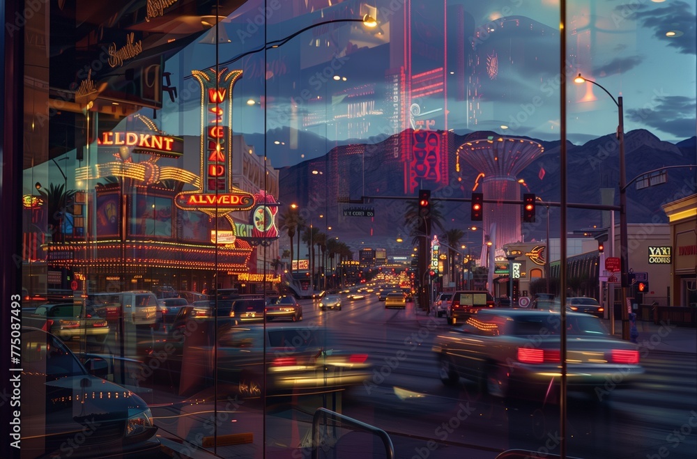 Multiple exposure color photo street view of the Las Vegas strip at ...