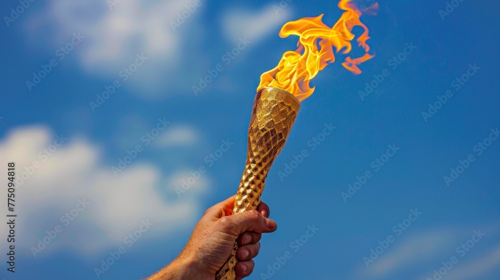 arm holding olympic torch with sky background Stock Photo | Adobe Stock