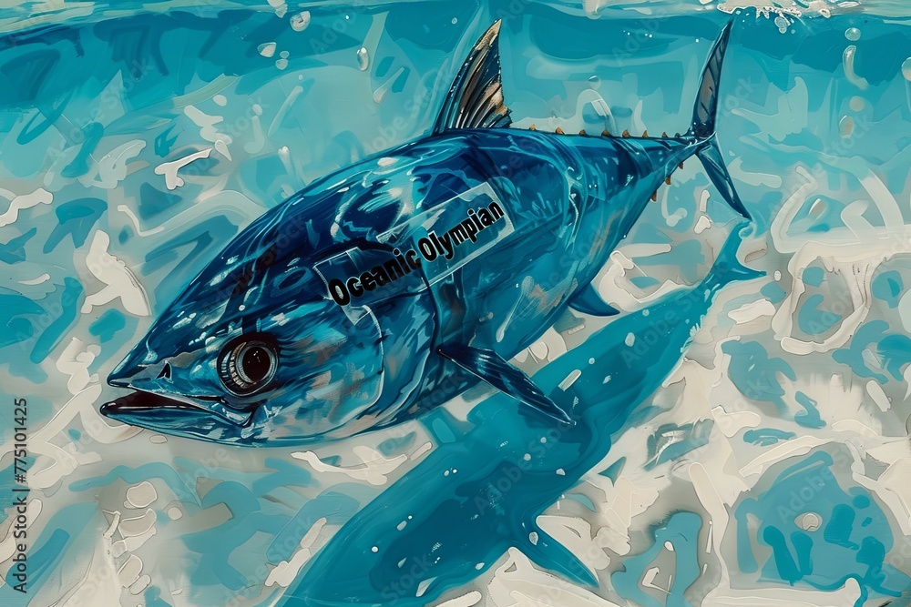 cartoon sleek tuna swimming gracefully through crystal-clear waters ...