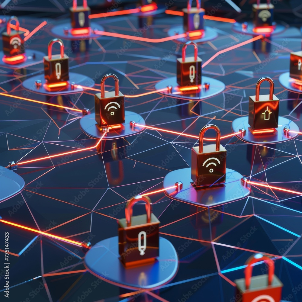 Internet of Things IoT security, depicting a network of connected devices with endtoend ...