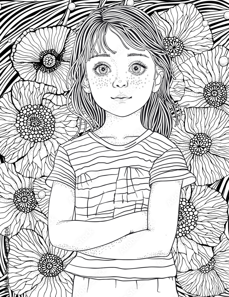 Beautiful little girl with big eyes. Different flowers. Black and white ...