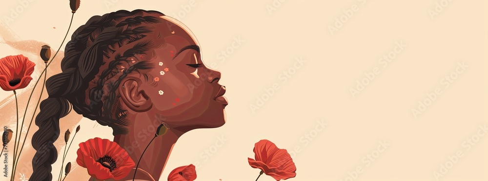 African American girl with braids, poppy flowers, using a brown and ...
