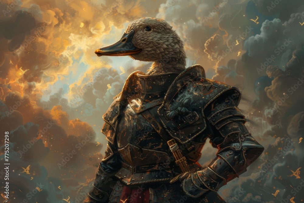 In a world where madness reigns, a duckling knight, full armor gleaming ...