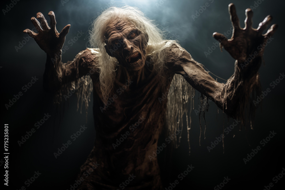 Zombie reaching out menacingly with shredded clothing and rotting flesh ...