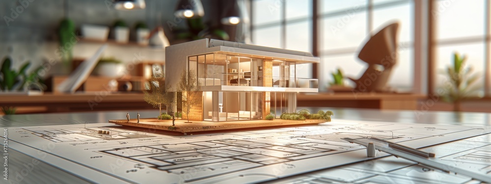 architect building drawing plan, 3D house model prototype visualization ...