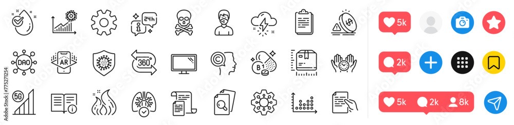 Technical info, Chemical hazard and Package size line icons pack ...