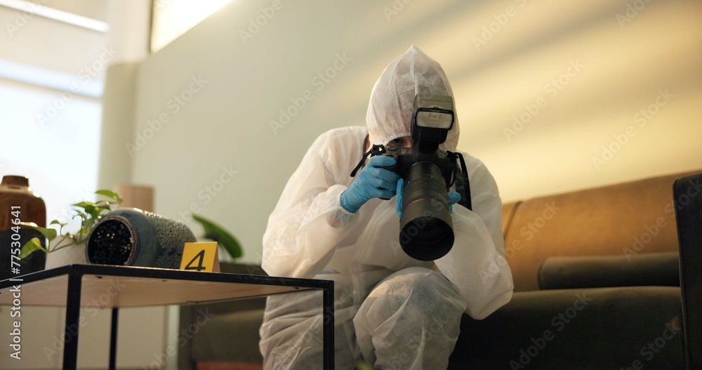 Csi, photographer and forensic at crime scene for investigation of ...